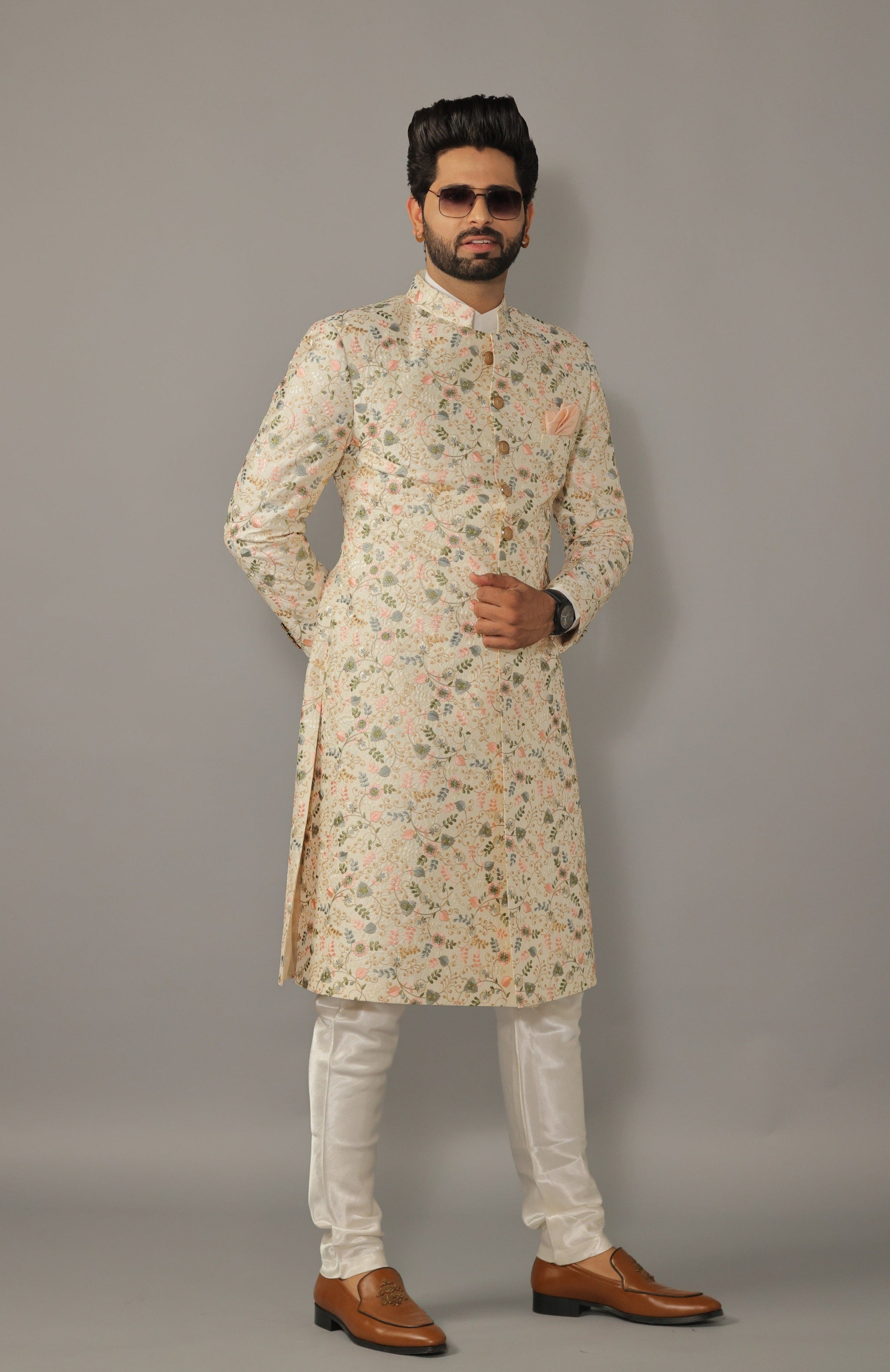 Lucknowi Chikankari Embroidered Pastel Color Sherwani Achkan with Flor ...