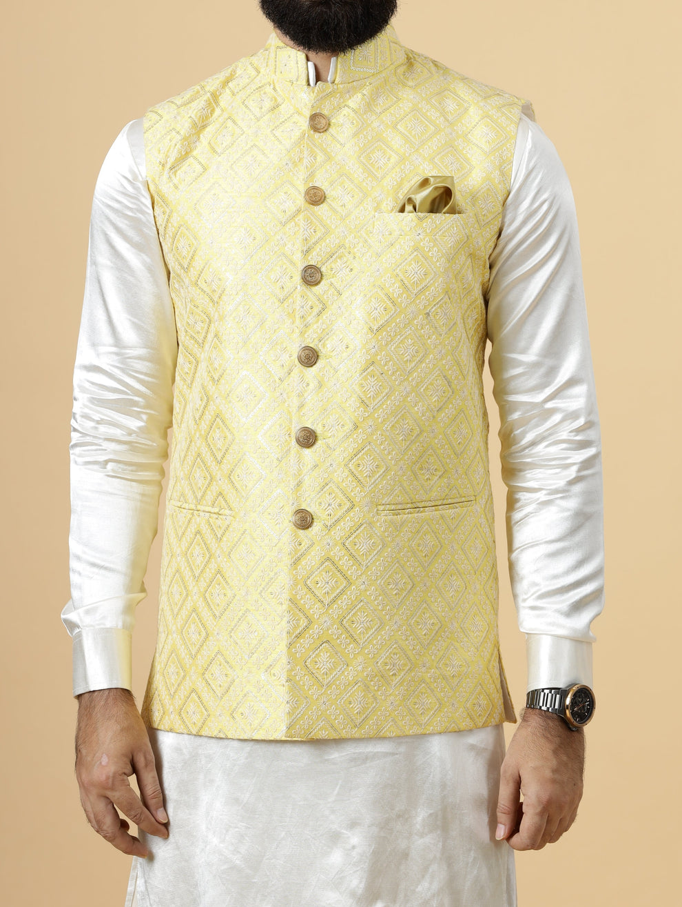 Stunning Yellow Square Pattern Thread Embroidered Silk Half Jodhpuri J ...