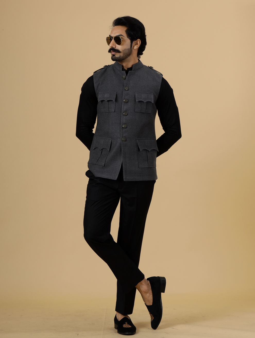 Dark Grey Tweed Semi-Hunting Rajputana Jacket – Rajanyas