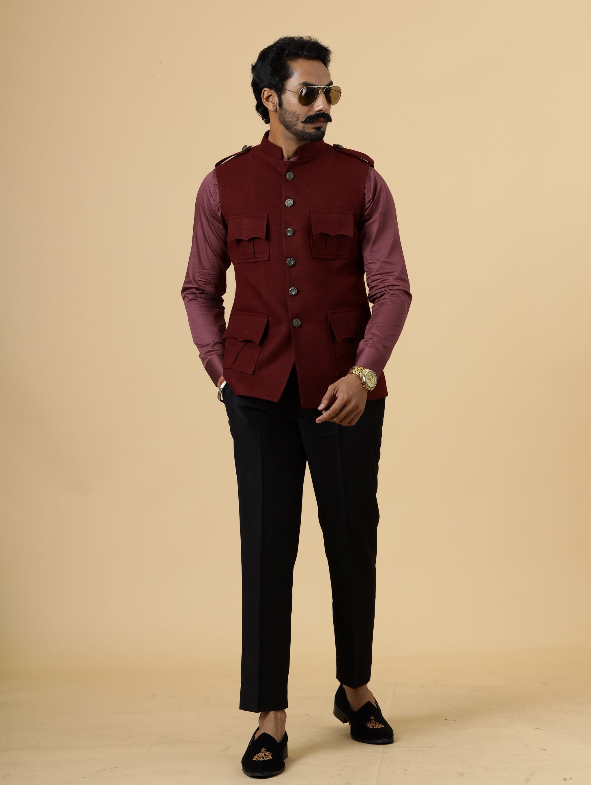 Maroon Tweed Semi-Hunting Rajputana Jacket – Rajanyas