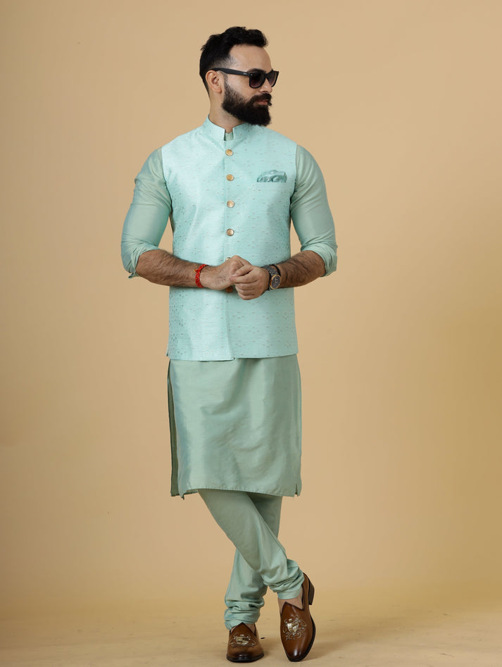 Classic Seafoam Green Banarasi silk Half Jodhpuri Jacket with Sea Gree ...