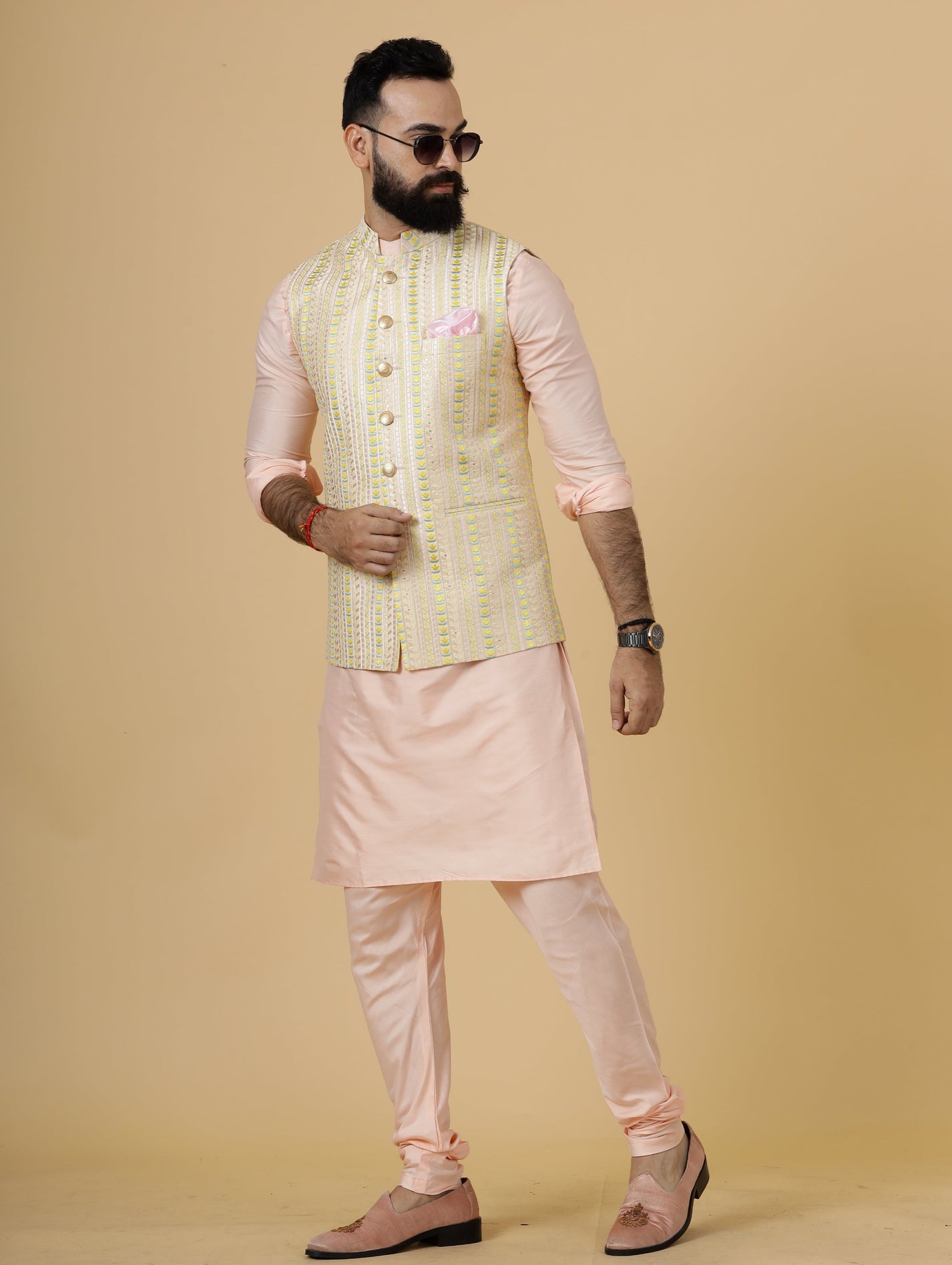 Classic Cream Vertical Pattern Thread Embroidered Silk Half Jodhpuri J ...