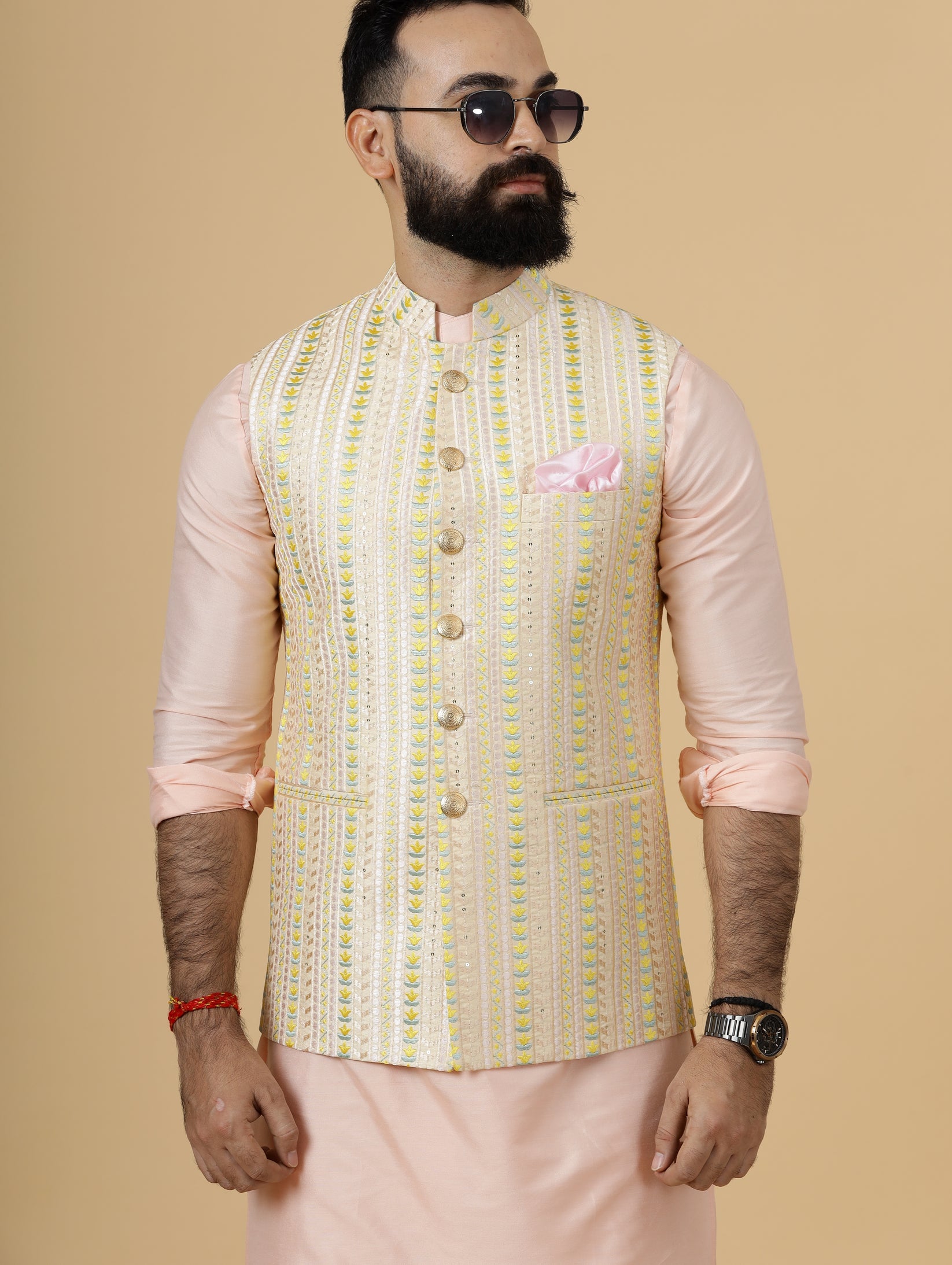 Classic Cream Vertical Pattern Thread Embroidered Silk Half Jodhpuri J ...