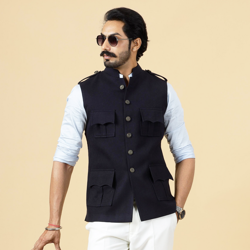 Navy Blue Tweed Semi-Hunting Rajputana Jacket – Rajanyas
