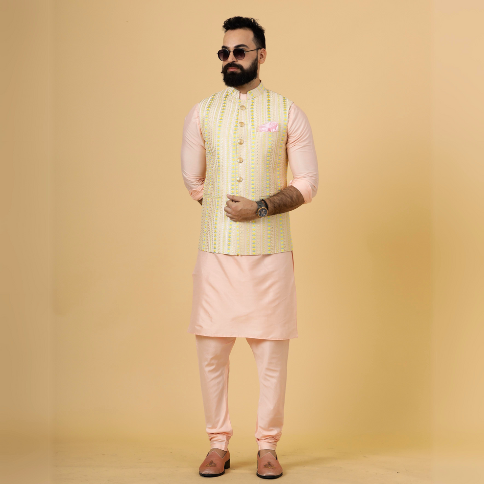 Classic Cream Vertical Pattern Thread Embroidered Silk Half Jodhpuri J ...