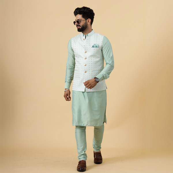Alluring Mint Green Floral Thread Embroidered Silk Half Jodhpuri Jacke ...