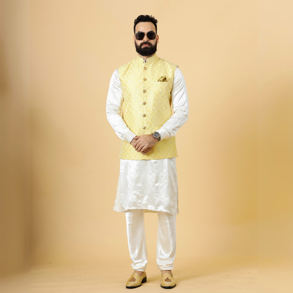 Stunning Yellow Square Pattern Thread Embroidered Silk Half Jodhpuri J ...