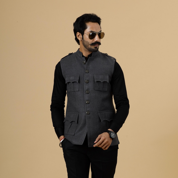 Dark Grey Tweed Semi-Hunting Rajputana Jacket – Rajanyas