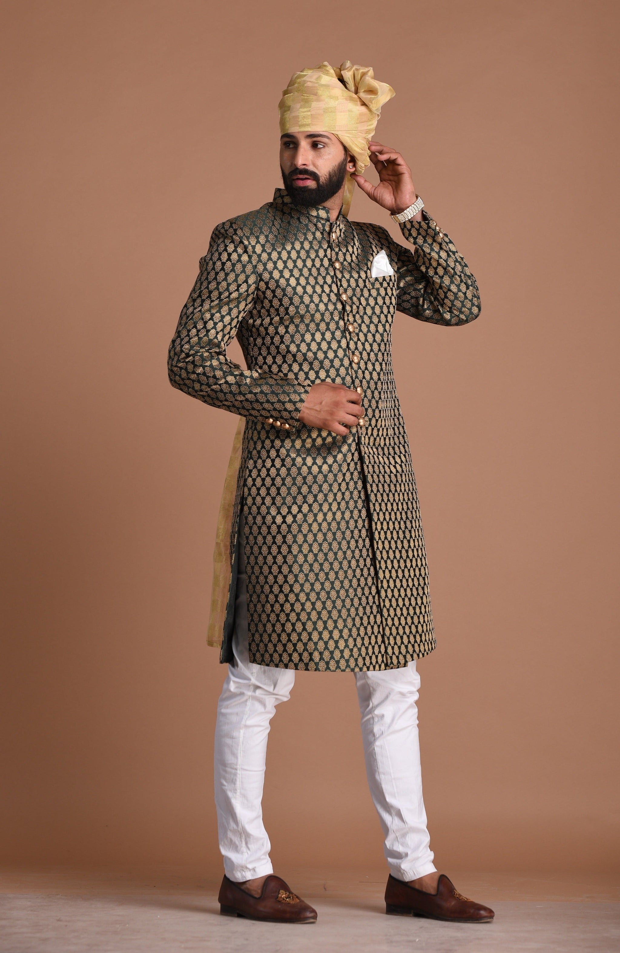 Handmade Royal Booti Pattern Brocade Silk Sherwani – Rajanyas